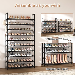 VTRIN 10 Tiers Shoe Rack Tall Large Capacity 50 Pairs Wide Shoe Organizer Sturdy Shoe Shelf for Entryway with Two Hooks Metal Shoe Storage for Closet, Bedroom, Black