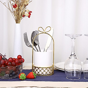 JUXYES Ceramic Silverware Holder For Tabletop, White Cutlery Holder With Golden Metal Bracket, Decorative Flatware Holder Countertop Utensil Holder Organizer for Wedding Kitchen Dining Tables