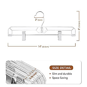 HOUSE DAY Pants Hangers 12 Pack Skirt Hangers with Clips 14 Inch Clear Hangers 360-Rotating Stainless Steel Clips,Hangers with Adjustable Clips for Adult and Hangers for Pants, Skirts, Jeans,Slacks
