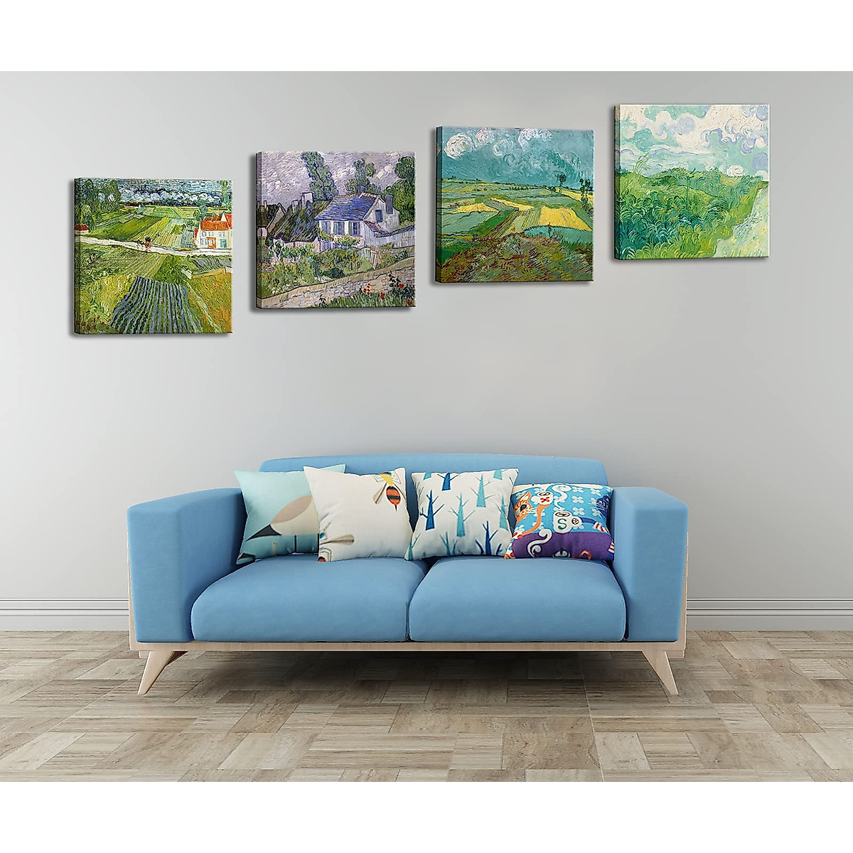 Landscape with a Carriage by Vincent Van Gogh Classic Oil Paintings Artwork, Green Wheat Fields, Houses at Auvers Canvas Wall Art Print for Living Room, Bedroom Office Bathroom Decor - 12"x12"