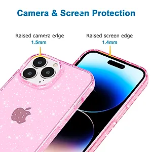 JJGoo Compatible with iPhone 14 Pro Max Case, Bling Sparkle Soft TPU Anti-Scratch Shockproof Protective Phone Bumper, Women Girls Cute Slim Phone Case, Glitter Pink
