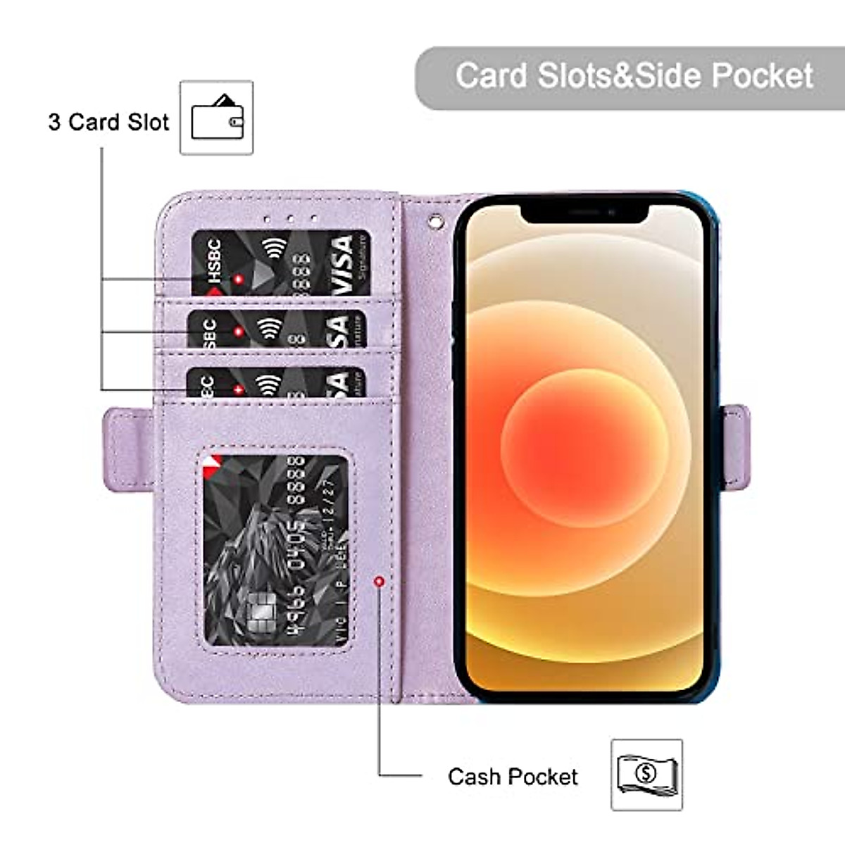 Amnirk iPhone 13 Wallet Case, PU Leather Flip Folio Case [Hand Strap] [3-Slots] Card Holders Pocket for iPhone 13 (Light Purple)