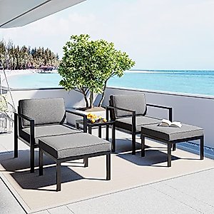 BIADNBZ 5-Piece Outdoor Patio Furniture Set for 4,UV-Resistant Aluminum Alloy Conversation Sofa Chairs with Coffee Table and Stools for Poolside, Garden, Black Frame+Gray Cushion