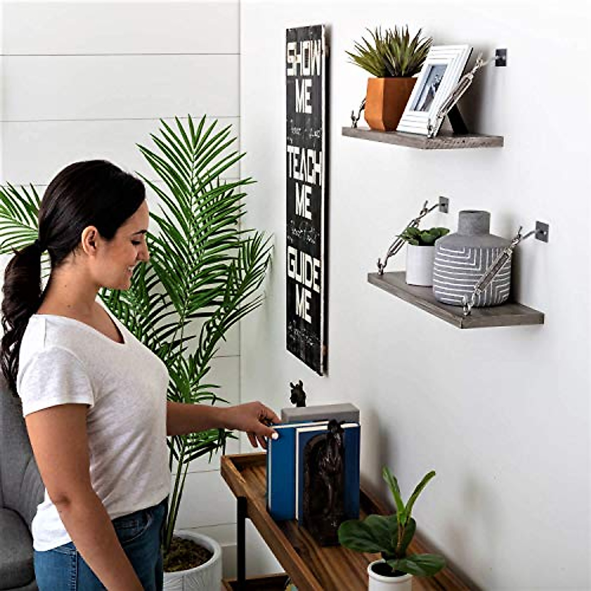 Under.Stated Floating Shelves Wall Mounted Wood Hanging Shelf Set for Bathroom Kitchen Living Room Bedroom Storage (Rustic Grey with Industrial Hardware Set of 2)