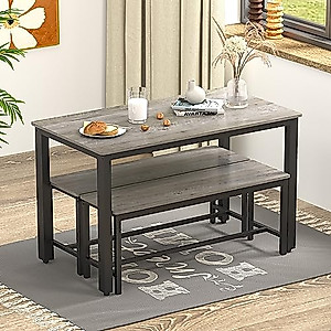 LinkRomat Dining Room Table Set with 2 Benches, Farmhouse Dining Table Set for 4-6, Wood Breakfast Table Set Dinner Table Set Kitchen Table and Chairs for Breakfast Nook Small Spaces, Grey