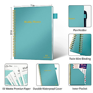Weekly Planner Undated, Weekly Goals Schedule Planner Regolden-Book To Do List Notebook Calendars Organizers Habit Tracker Journal for Man & Women, Spiral Binding, Pocket, Pen Loop, 53 Weeks (7x10")