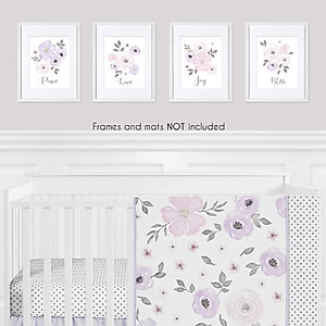 Sweet Jojo Designs Lavender Purple, Pink Grey and White Wall Art Prints Room Decor for Baby, Nursery, and Kids for Watercolor Floral Collection - Set of 4 - Peace, Love, Joy, Bliss
