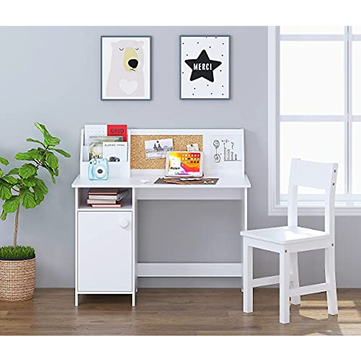 UTEX Kids Study Desk with Chair, Wooden Children School Study Table with Hutch and Chair for 3-8 Years Old, Student's Study Computer Workstation & Writing Table for Home School Use,White