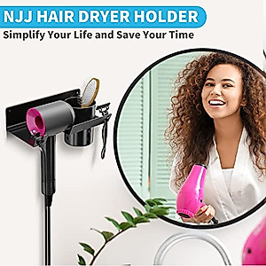 Ncsjxjwd Hair Dryer Holder Wall Mounted, Stainless Steel Self Adhesive Blow Dryer Holder Rack for Bathroom, Hair Tool Organizer Storage with Plug Hook (Black)
