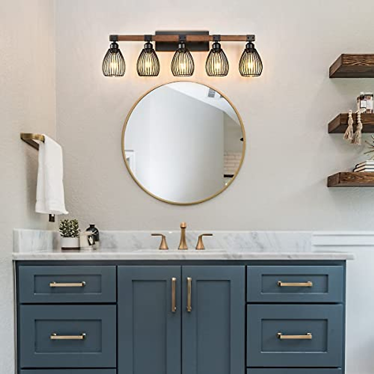 MZMHD 5-Light Farmhouse Bathroom Light Fixtures,Rustic Wood Cage Vanity Lights,Industrial Black Wall Sconce Lighting Over Mirror,Hallway,Bedroom