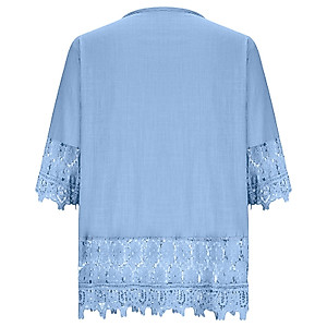 Womens 3/4 Sleeve Shirts Casual Bow V Neck Lace Tops Blouse Fashion Boho Shirts for Women