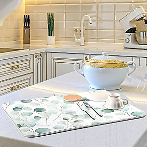 Green Leaves Dish Drying Mat 16x18 for Kitchen Counter Watercolor Herbs Women Kitchen Drying Mats Dishes Pad Absorbent Fast Dry Dish Draining Mats Medium Kitchen Accessories