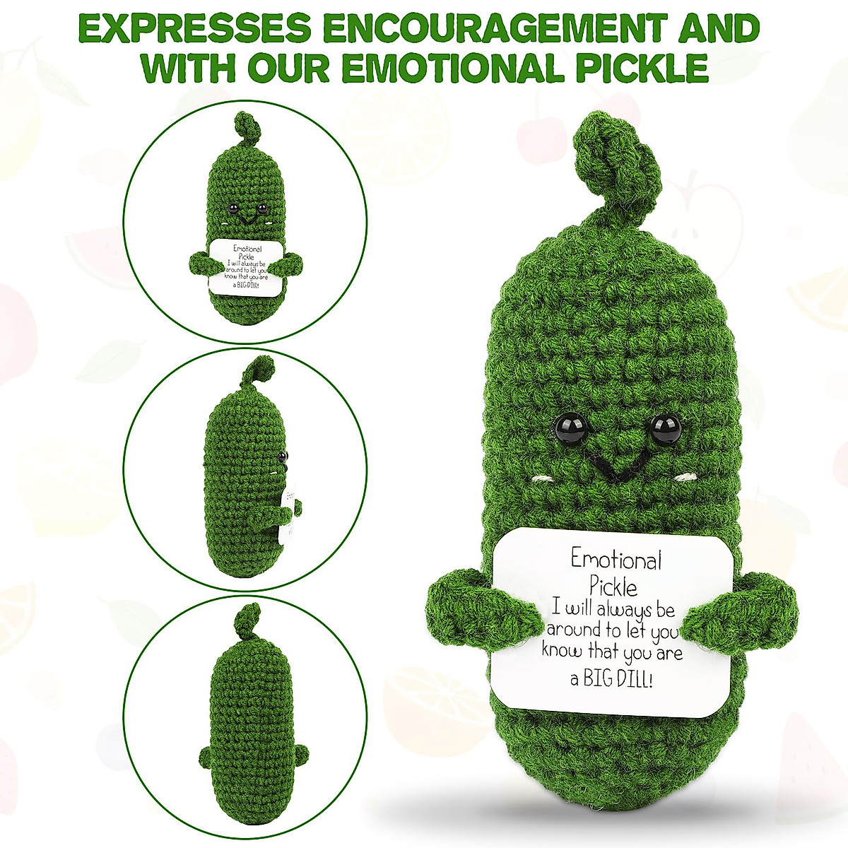 Hoedia Handmade Emotional Pickle Gift, Cucumber Crochet Doll Inspirational Gifts with Cards, Cute Knitted Funny Support Pickle Potato Friend Birthday Christmas Stocking Stuffers (Emotional Pickle)