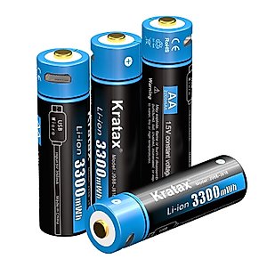 Kratax Rechargeable AA Batteries USB, 3300mWh Lithium USB Double A Batteries, 1.5V Constant Outpout, 4-in-1 USB Charging Cable, LED Charge Indicator, Over 1100 Cycles for Toys, Xbox Controller-4 Pack