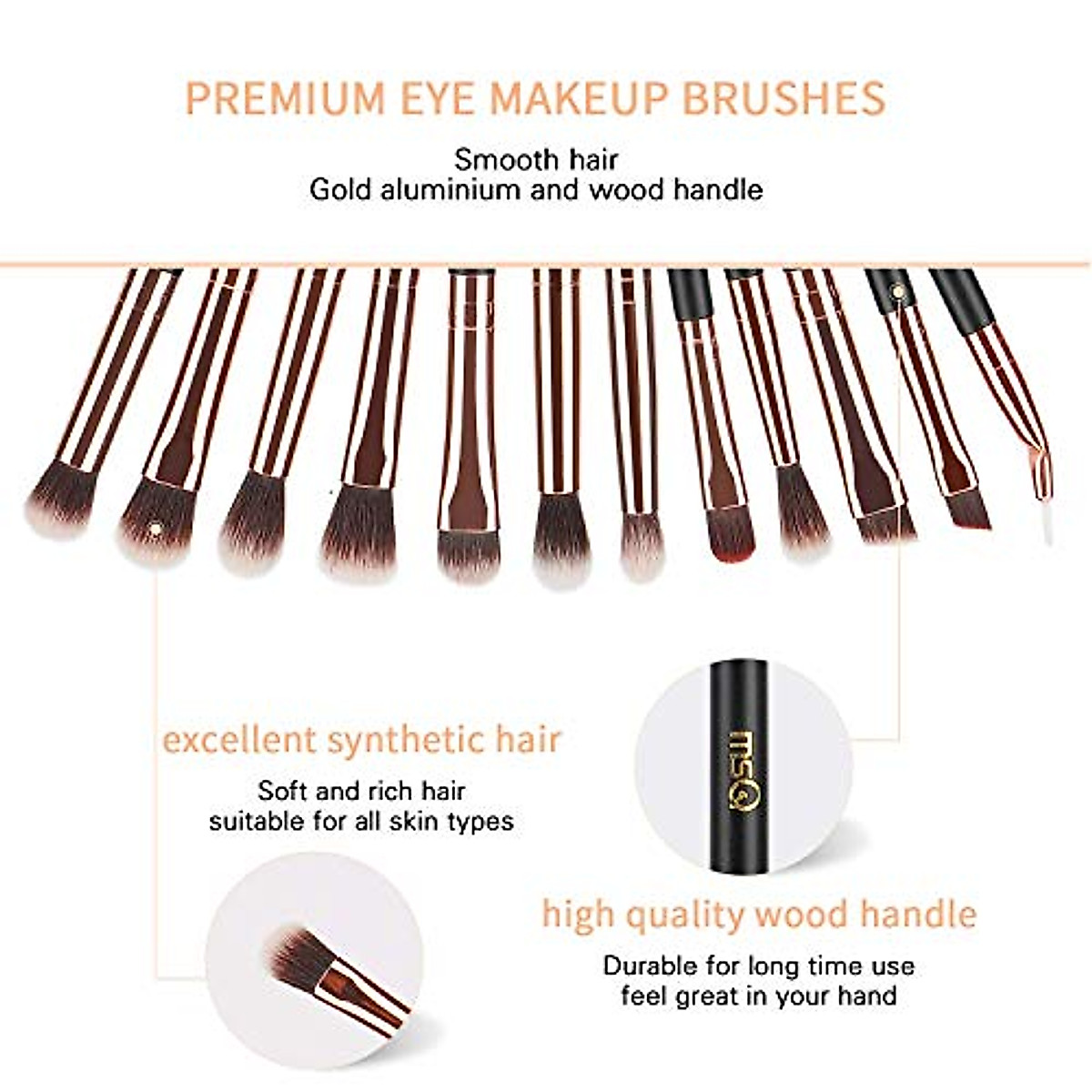 MSQ Eye Makeup Brushes 12pcs Rose Gold Eyeshadow Makeup Brushes Set with Soft Synthetic Hairs & Real Wood Handle for Eyeshadow, Eyebrow, Eyeliner, Blending(without bag)