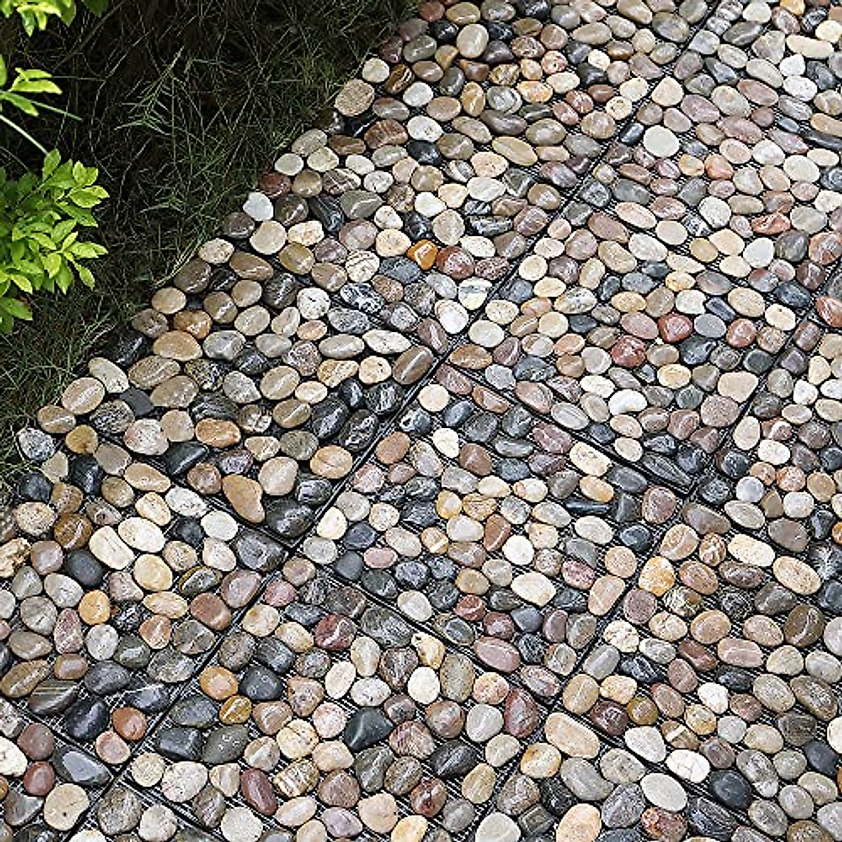 PURE ERA Natural Real Stone Interlocking Floor Deck Tiles Polish Pebble Tile Indoor Outdoor Use 12"x12" (4Pcs, 4 sq. Ft, Polished Mixed Color)- Great Upgrade to Patio Backyard Pathway
