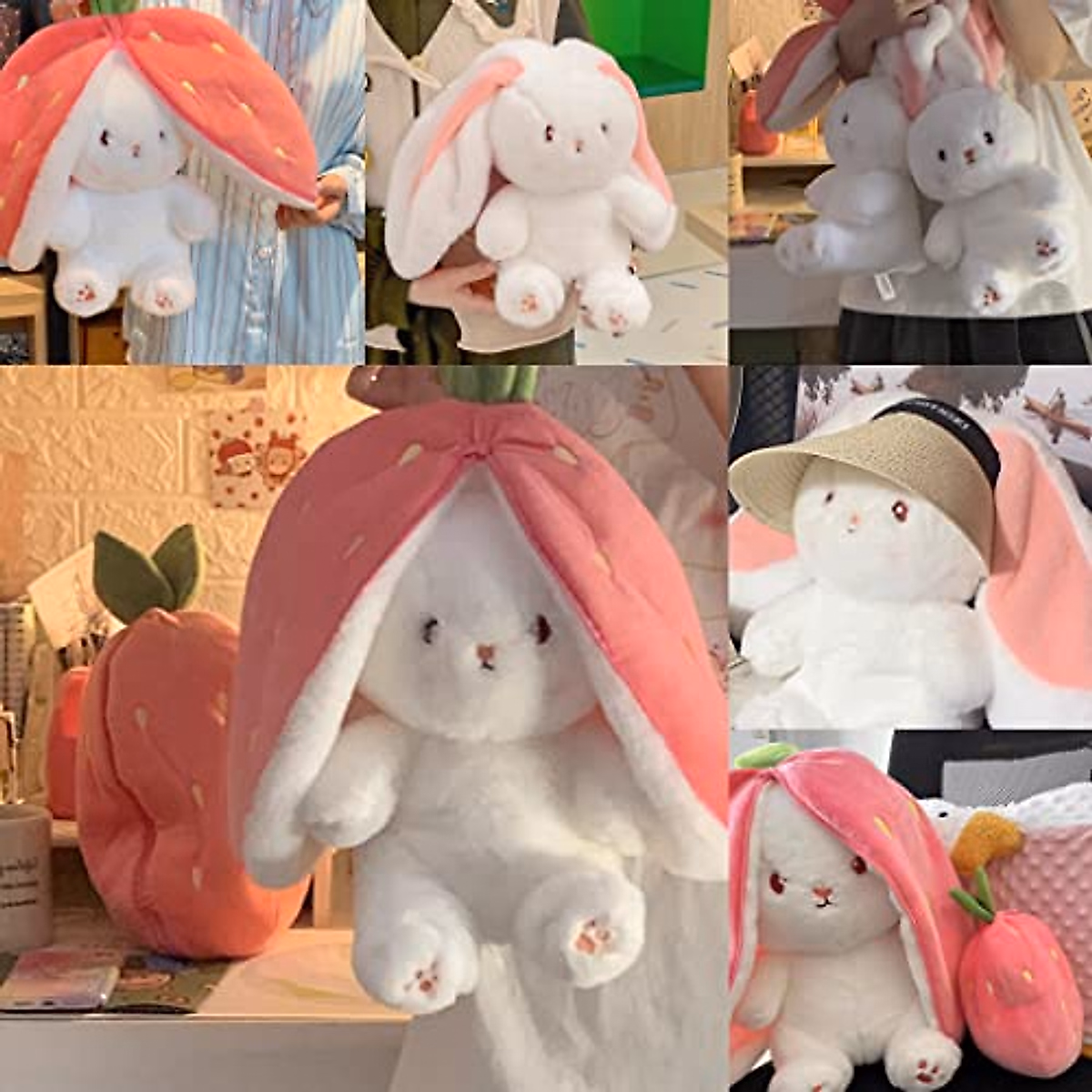 MIAODAM Bunny Stuffed Animal Reversible Cuddle Bunny Stuffed,Strawberry Bunny Transformed Rabbit Plush Zipper,Carrot That Turns Into Ears Bunnies Plushies Toy Cute Stuffy Doll Easter Girlfriend Gift