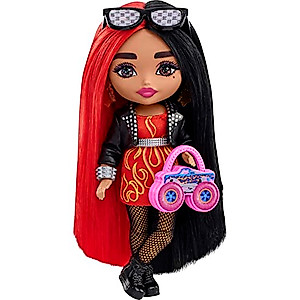 Barbie Extra Minis Doll & Accessories with Red & Black Hair, Toy Pieces Include Flame-Print Dress & Moto Jacket