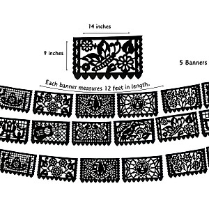 5 Pack Cinco de Mayo Party Decorations, Papel Picado Banner 60 ft Long, Fiesta Black tissue PAPER garland, Mexican Decorations, Weddings, Quinceaneras, Birthdays, Fiesta party supplies, WS250