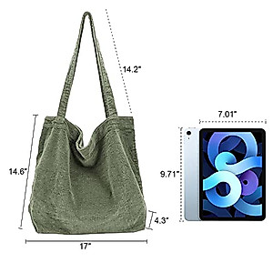 ALUWU Corduroy Tote Bag for Women Girl Casual Work Canvas Shoulder Handbags Cute Large Purse Light Green
