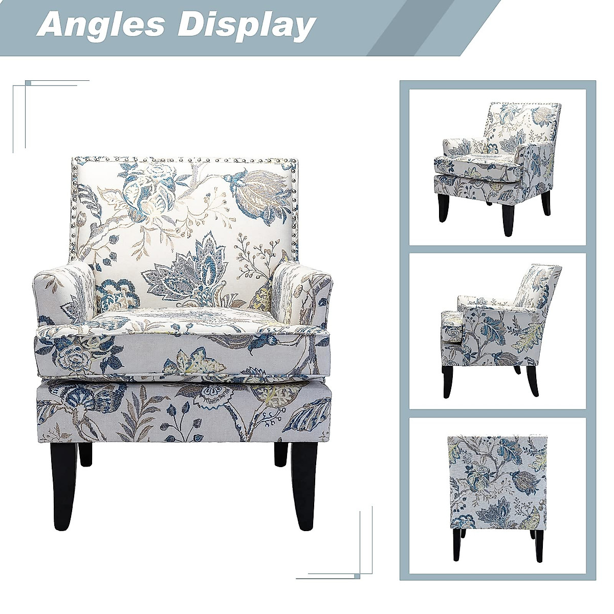 HULALA HOME Modern Accent Chair with Arms and Wooden Legs, Mid Century Accent Chair Armchair High Back Rest, Padded Armrest and Comfortable Cushioned Seat for Living Room (Blue Yellow Floral)