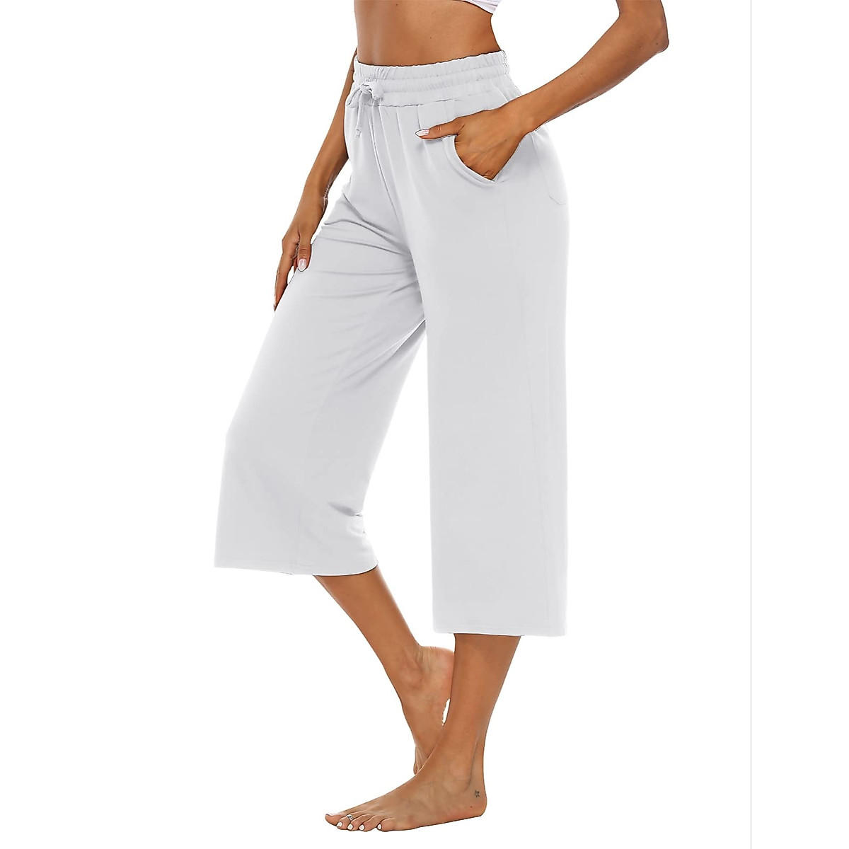 OYANUS Capris for Women Casual Summer Loose Comfy Drawstring Wide Leg Capri Pants with Pockets White-3XL