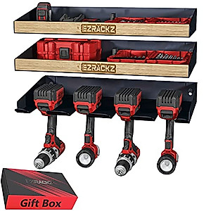 Ezrackz Power Tool Organizer Wall Mount, Cordless Tool Organizer, 3 Heavy Duty Drill Holder Wall Mount Shelves, Power Tool Storage Rack, 150lb Cap, Garage Shed Organization Battery & Charger Shelf