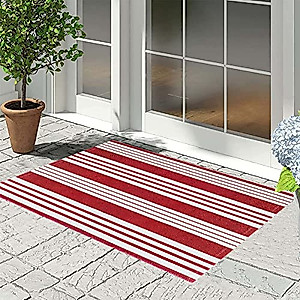 Red and White Striped Outdoor Rug 24'' x 35'' Door Mat Outdoor Machine Washable Welcome Mats Cotton Hand-Woven Entryway Rug for Front Porch/Entryway/Laundry/Bathroom/Bedroom