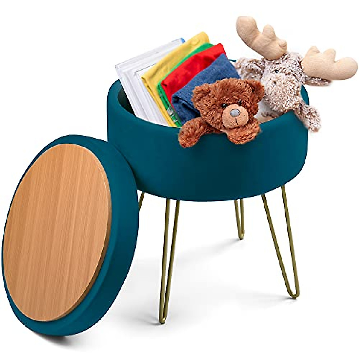 YITAHOME Modern Velvet Upholstered Round Storage Ottoman Footrest Vanity Stool with Gold Metal Legs & Tray Top Coffee Table Having 17.5” Height and Holds Upto 330 Lbs (Teal)