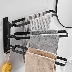 Kindream Swivel Towel Rack Bathroom 13inch Hand Towel Bar Bathroom Swing Hanger Towel Rack Holder Matte Black Finish, Wall Mounted, 3-Arm