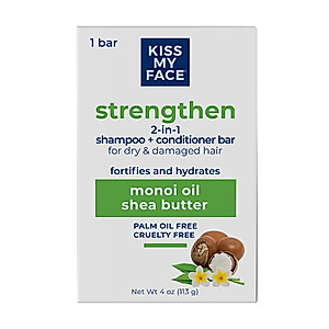 Kiss My Face Strengthen 2-in-1 Shampoo + Conditioner Bar - Palm Oil-Free, All Hair & Skin Types, Cruelty-Free Shampoo and Conditioner Bar for Dry & Damaged Hair with Monoi Oil and Shea Butter