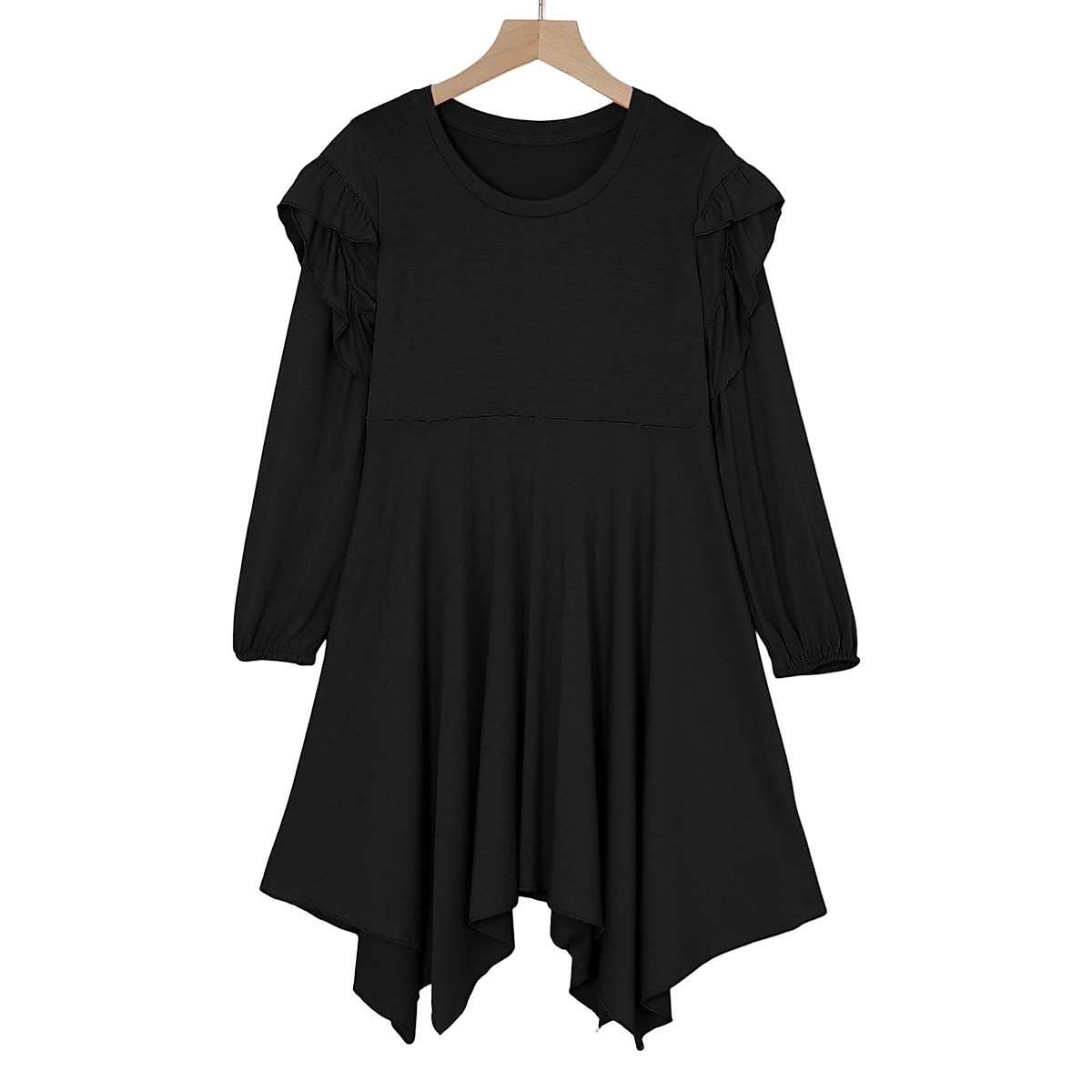 blibean Girls Long Sleeve Dress Tween Fall Boho Puff Dresses Cute Tiered Elastic Cuff High Low Ruffle Outfit Swing Clothes Midi Kid Clothing Size 8-9 Years Old Solid Black