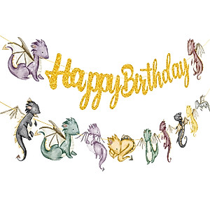 Dragon Birthday Party Banners 2Pcs Dragon Cutout Banners Fantasy Dragon Party Hanging Decorations Gold Dragon Party Banner for Dragon Knight Baby Shower Supplies