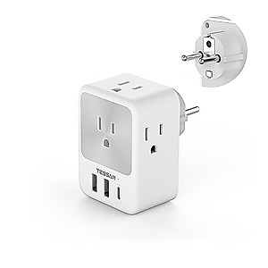TESSAN Germany France Travel Power Adapter, Schuko Plug Adaptor with 4 Outlets 3 USB Charger (1 USB C Port), Type E/F Plug for US to European Europe German French Spain Iceland Portugal Korea