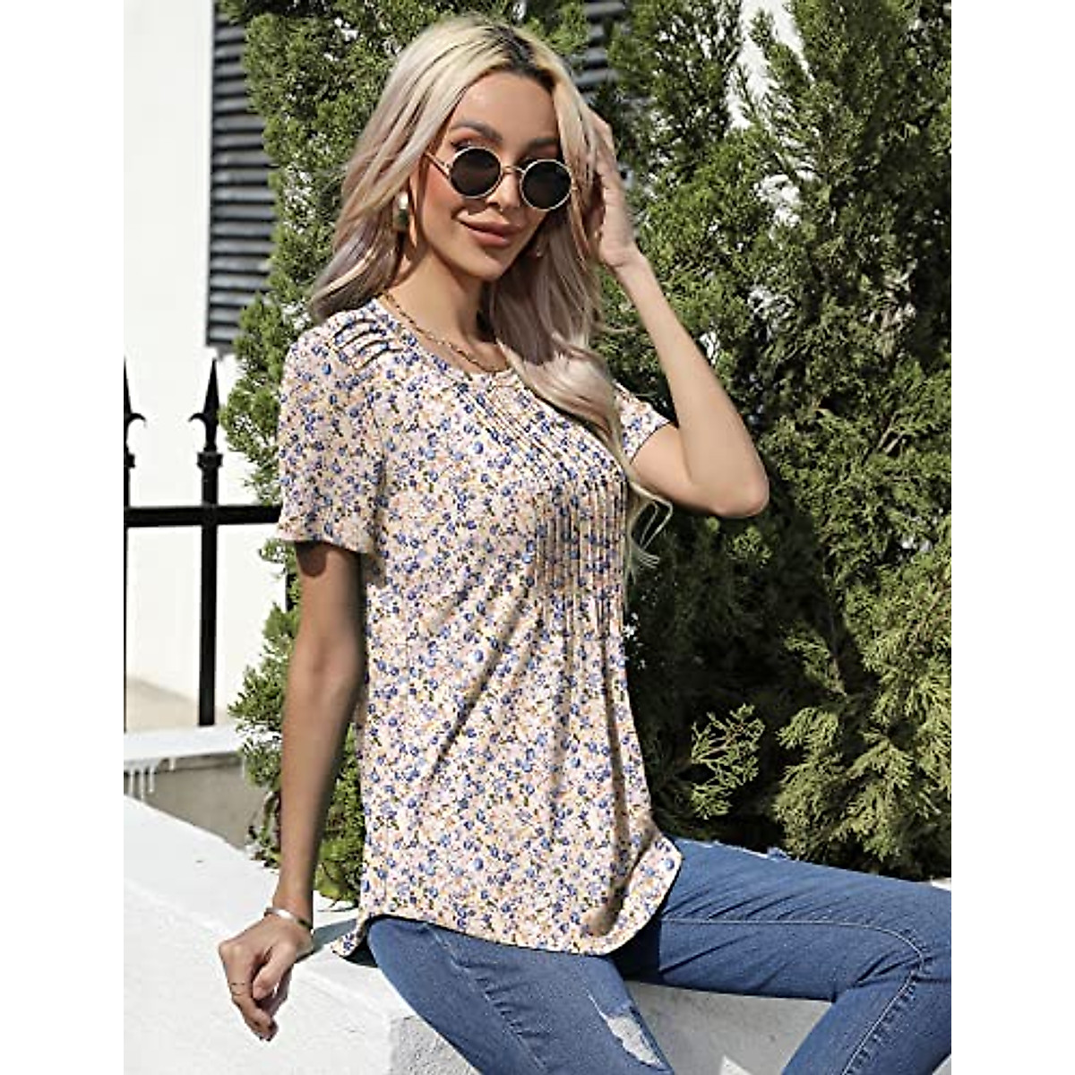 Widmile Womens Tunic Tops Crew Neck Short Sleeve Shirts Fashion Casual Pleated Pullover Blouses to Wear with Leggings Floral Pink,L