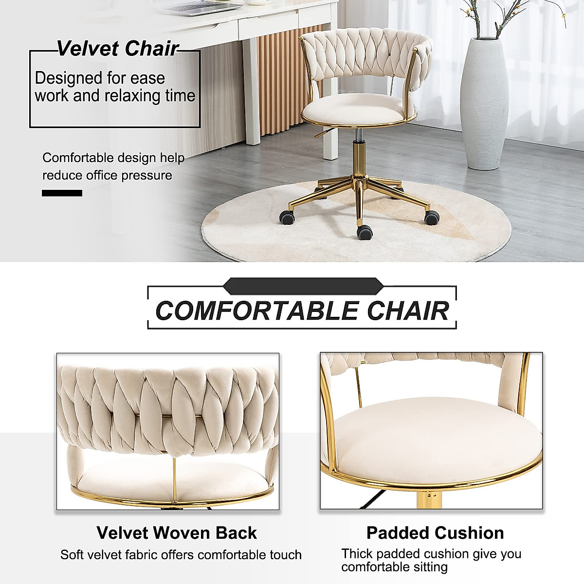 Goujxcy Velvet Swivel Chair, Velvet Desk Chair with Gold Base, Cute Makeup Vanity Chair for Women Girls, Woven Back Adjustable Armchair Task Computer Chair for Home Office Bedroom Living Room, Beige