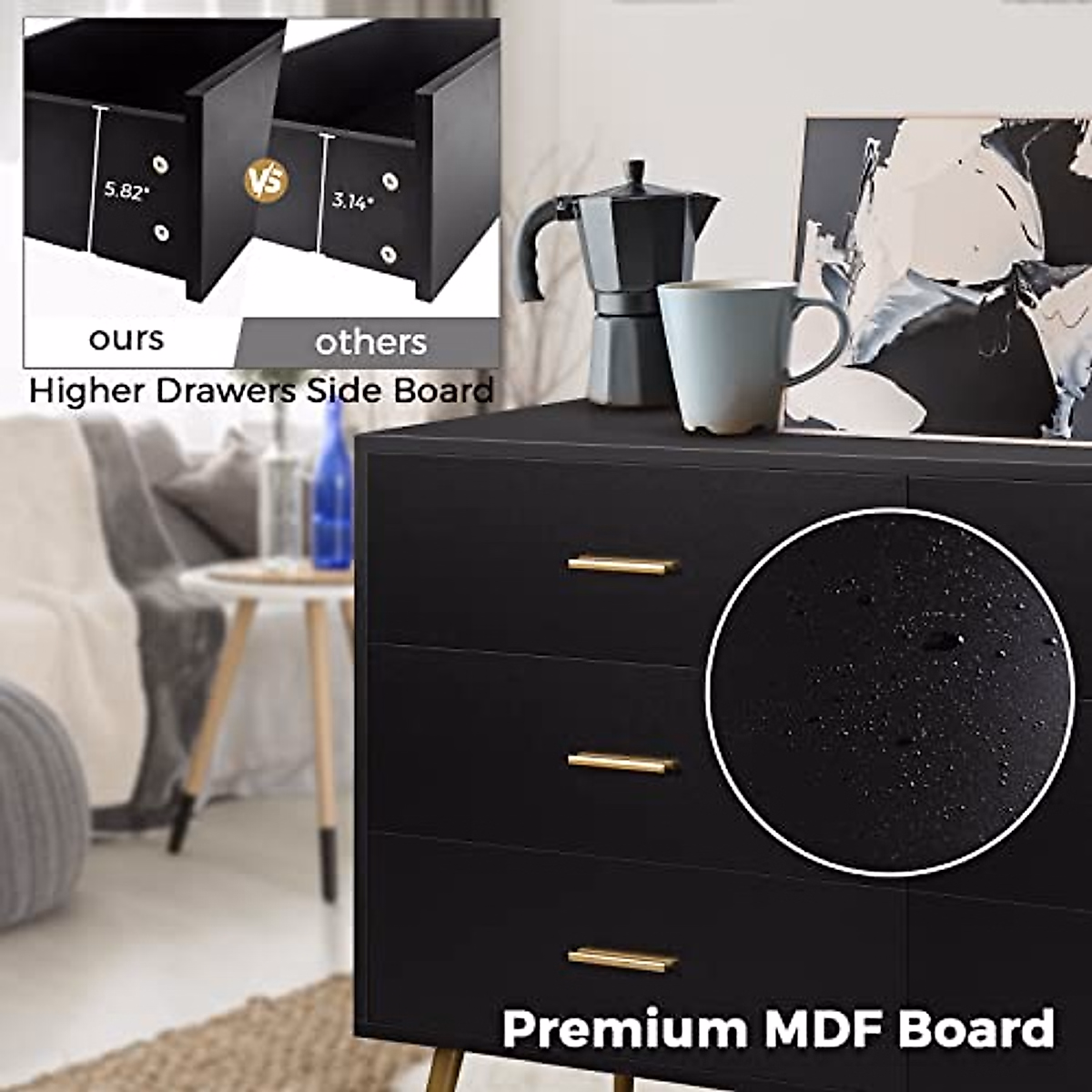 MAISONPEX 6 Drawer Dresser with Metal Handles , Black Modern Wood ,Chest of Drawers, Sturdy Frame Bedroom Furniture with Drawers for Closet Hallway, Living Room