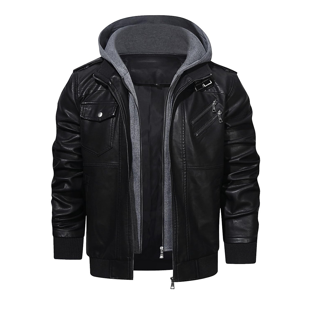 HOOD CREW Men’s Casual Stand Collar PU Faux Leather Zip-Up Motorcycle Bomber Jacket With a Removable Hood