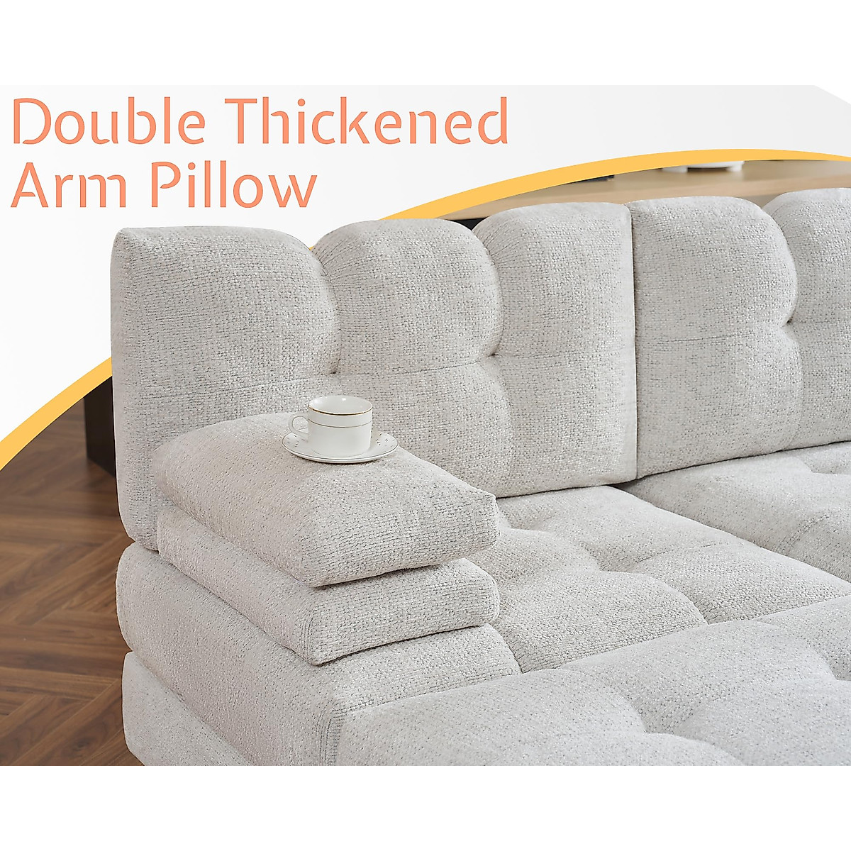 PaPaJet 124 Inch Sectional Sofa, 6 Seater Modular Sectional Couch with Metal Legs, U Shaped Sofa Couch for Living Room, Beige Chenille