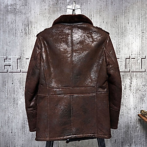Men Shearling Jacket Military Style American Pilot's Leather Clothing Red Brown Aviator B3 Sheepskin Jacket (M, Brown)