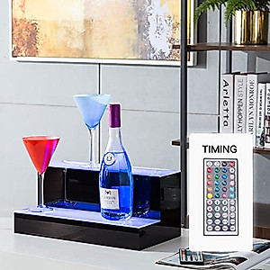 SUNCOO LED Lighted Liquor Bottle Display 16 Inch 2 Step Illuminated Bar Bottle Shelf 2 Tier Cimmercial Home Bar Bottle Display Drinks Lighting Shelves Home Bar Lighting with Remote Control