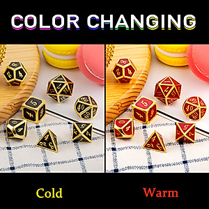 Color Changing D&D Metal Dice Set, DNDND Temperature Sensitive Game Dice DND with Free Metal Tin for Dungeons and Dragons D&D Role Playing Table Games (Glod Number with Black to Red)