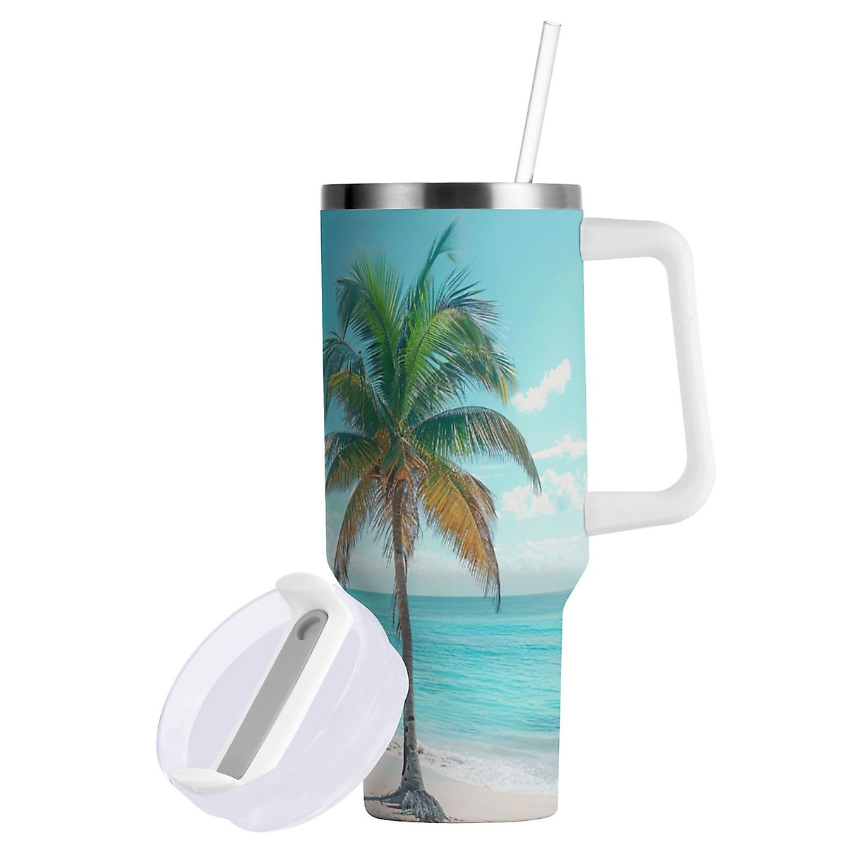 Qilmy 30 oz Beautiful Palm Tree Tumbler with Handle and Straw Lid for Water Iced Tea or Coffee, Stainless Steel Insulated Leak-proof Travel Coffee Mug Cup Gifts