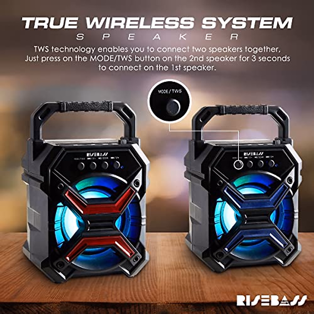 Portable Wireless Bluetooth Speaker for iPhone, Android, iPod and More - Rechargeable Bluetooth Speaker for Kids & Adults - Mini Speaker with Party Lights, for Hiking, Camping, Picnic and Boating.