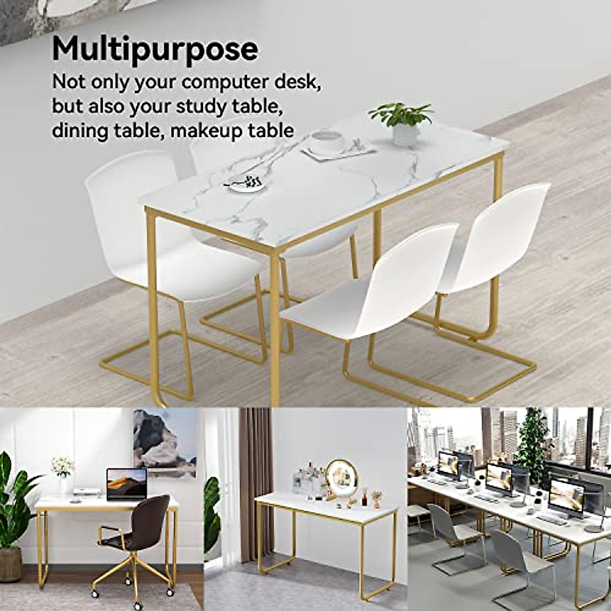 Dorriss Computer Desk,Home Office Desks, 47" Writing Desk,Computer Table,White and Gold Desk, White Faux Marble Desk,Gold Metal Frame, Modern White Computer Desk for Home Office (White Marble+Gold)