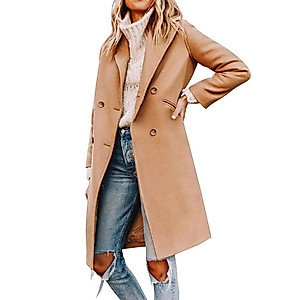 Yousify Womens Notched Lapel Collar Double Breasted Pea Coat Winter Wool Blend Over Coats Long Jackets Camel M
