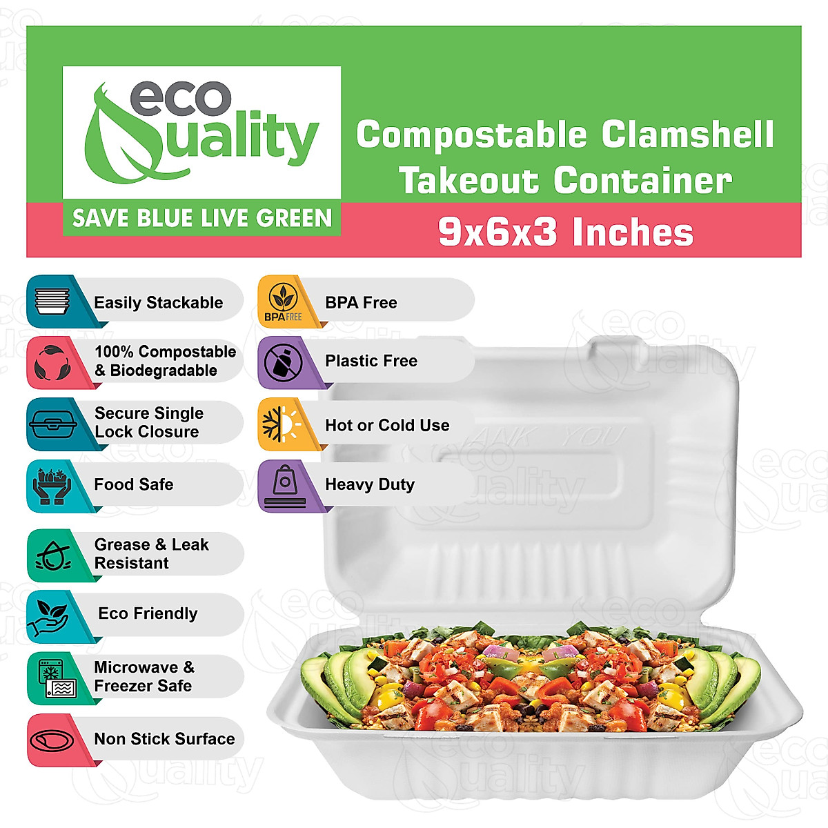 Compostable Rectangular Hinged Clamshell Take Out Food Containers 9x6x3,Heavy Duty Quality Disposable to go Containers, Single Compartment Eco-Friendly Takeout Box, Restaurants, Food Trucks (250)