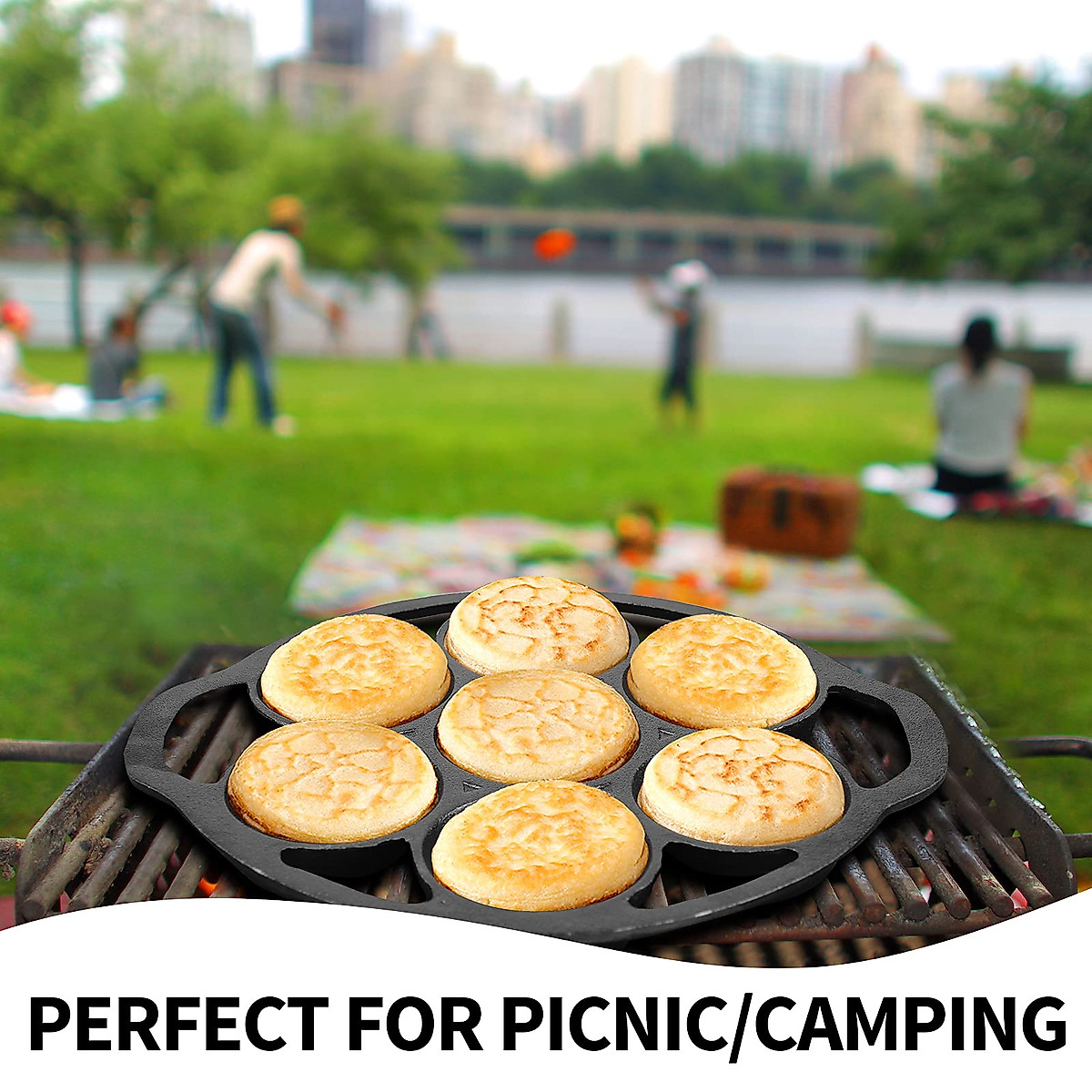 SUNSHNO Cast Iron Biscuit Pan Mini Cake Pan with Handles, Pre-Seasoned Baking Set 7 Cake Baking Tray Maker Pan for Biscuits, Bake Muffins, Cornbread and Scones, Include special steel fork and brush