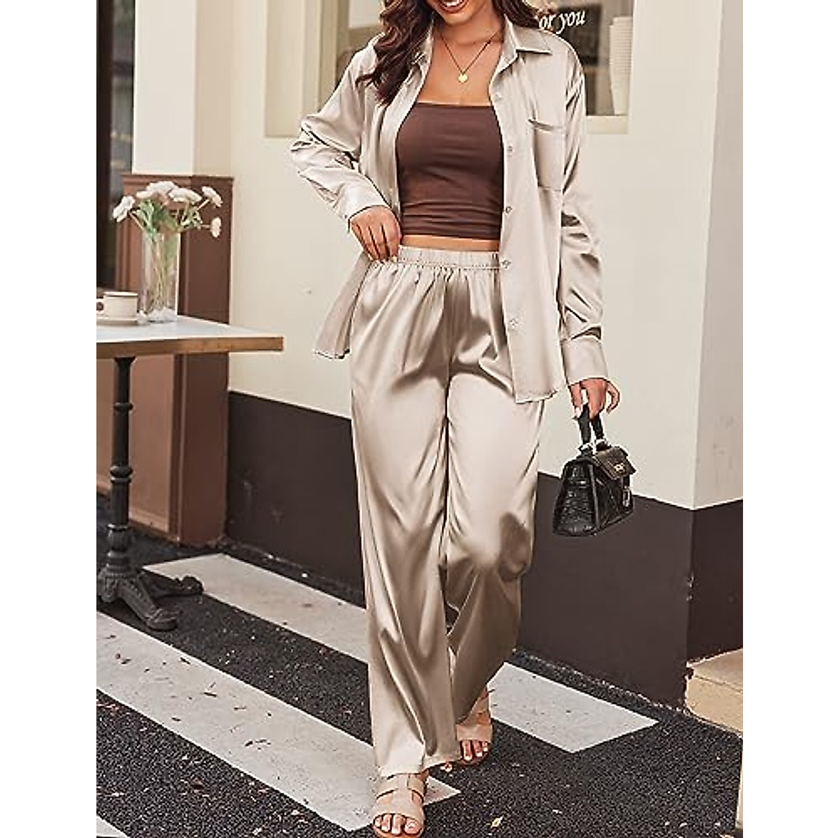 Ekouaer Womens Silky Loungewear Loose Satin Sleepwear Classic Long Sleeve Two Piece Pajama Set Champagne S