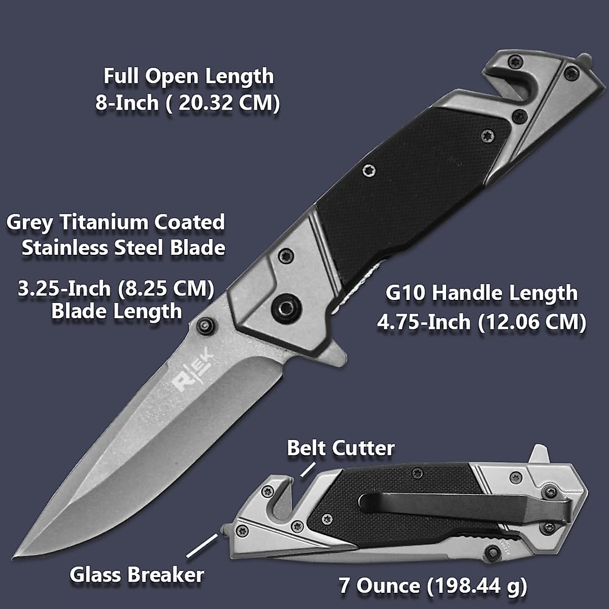 Rtek 4.75" G10 Handle Tactical Folding Pocket Knife with Liner Lock, Pocketclip, Glass Breaker, Seatbelt Cutter (Black)